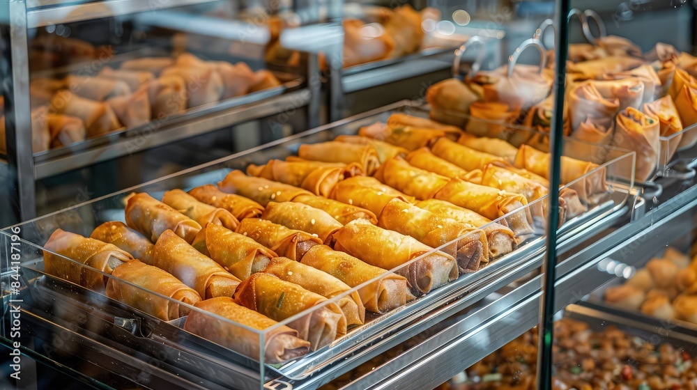 crispy fried chicken rolls in bakery in glassy plate in shop Stock ...