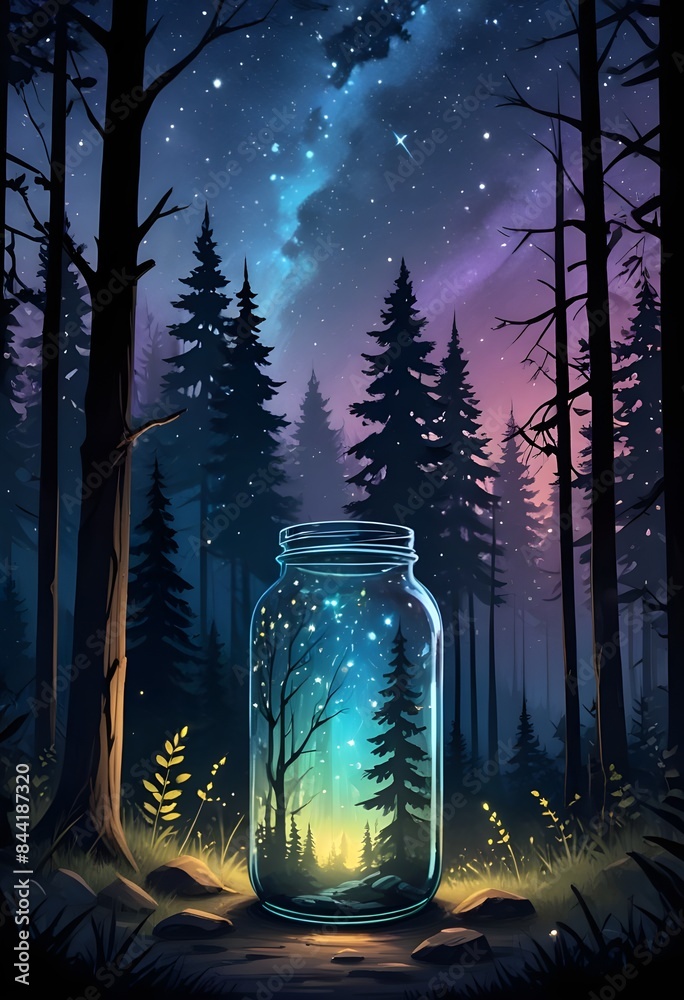 A magical night scene with a glowing glass jar or bottle containing a ...