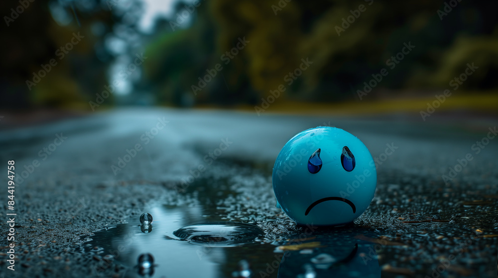 A sad face on the ground with raindrops, a sad blue smiley ball in a ...