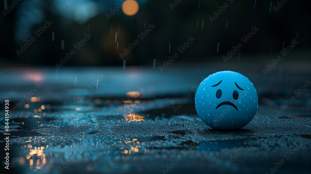 A sad face on the ground with raindrops, a sad blue smiley ball in a ...