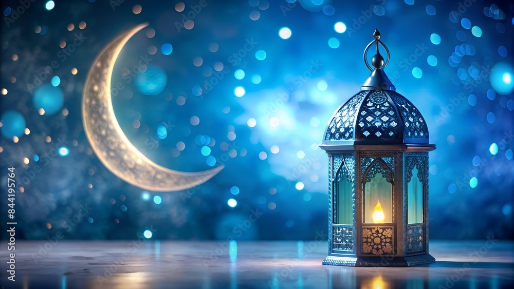 Elegant Blue Islamic Lantern and Crescent Moon with Shimmering Light ...