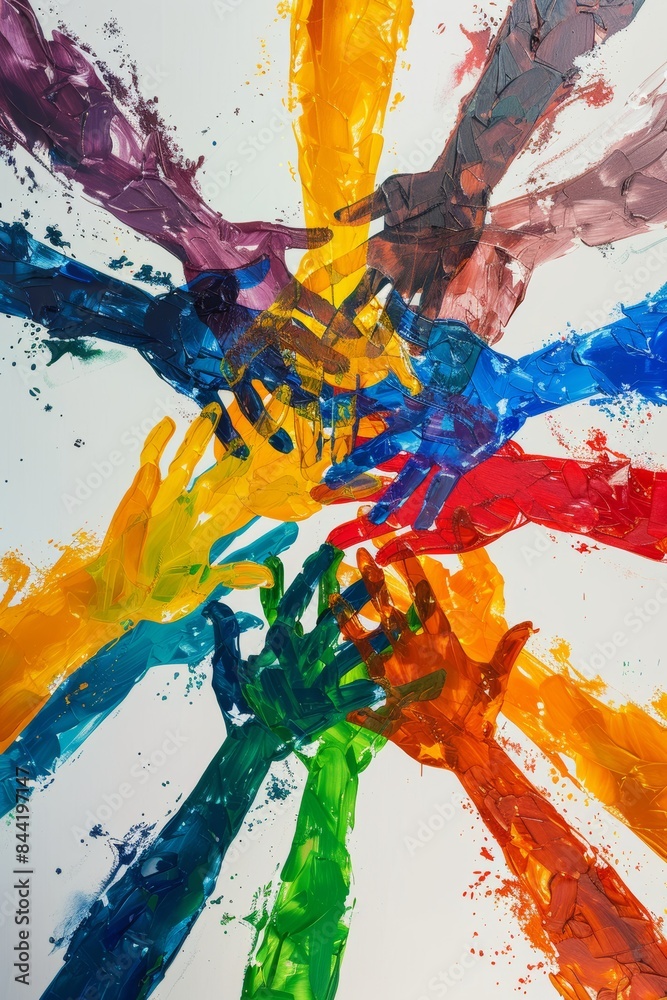 A painting of many hands in a circle, with each hand painted in a ...