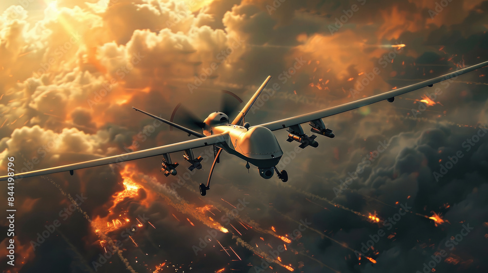 Military combat drone UAV launching missiles. War situation Stock ...