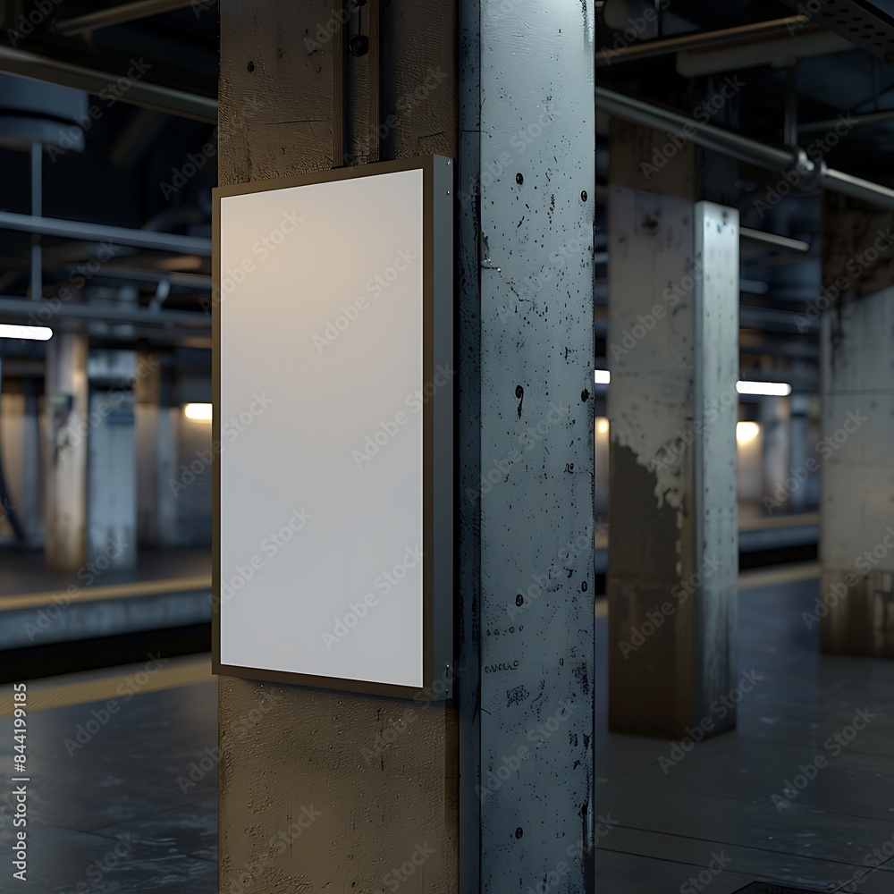 Compact billboard on a subway pillar, square format with steel ...