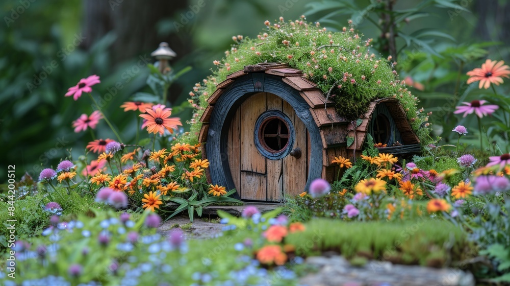 The photo shows a small hobbit house in a lush green field. The house ...