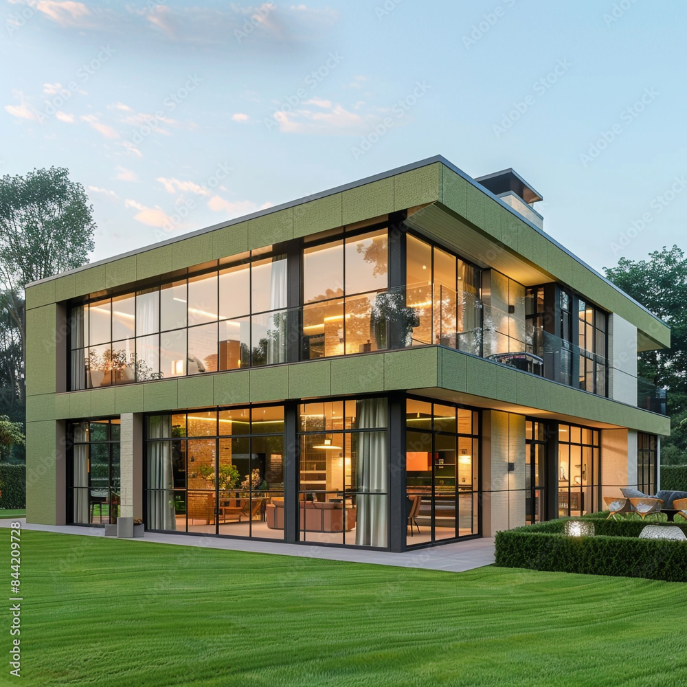 Modern luxury exterior of a classic suburban style house with soft moss ...