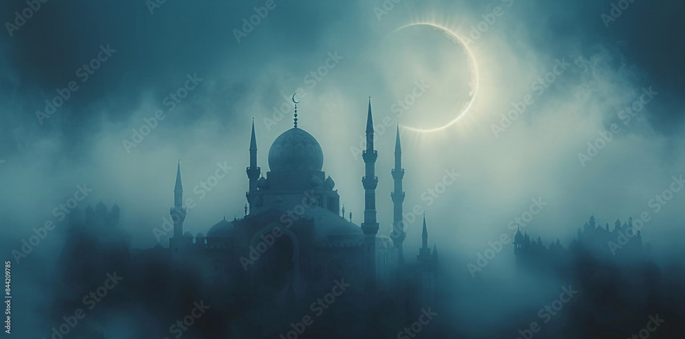Elegant Islamic background featuring a misty silhouette of a mosque ...