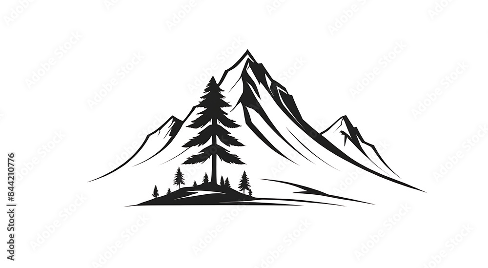 Minimalistic 2d Plain Mountain and tree graphics for a logo or a t ...