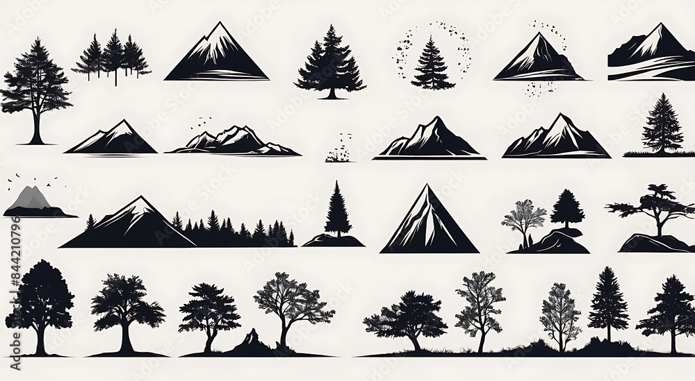 Minimalistic 2d Plain Mountain and tree graphics for a logo or a t ...