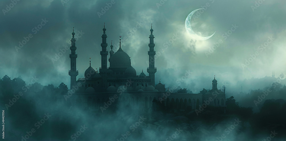 Elegant islamic background featuring a misty silhouette of a mosque ...