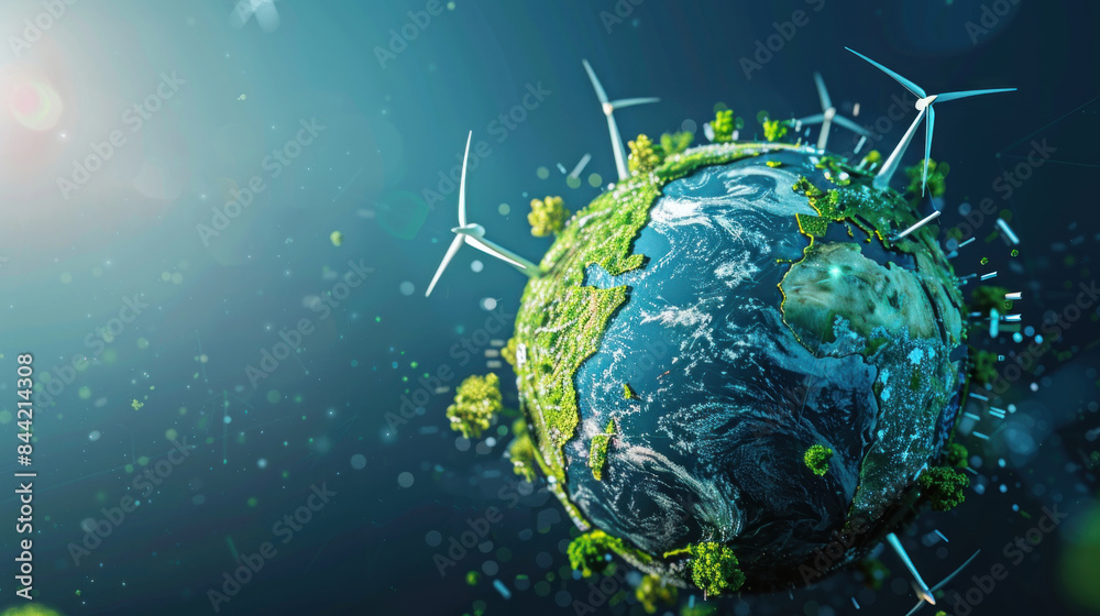 A digital rendering of Earth adorned with symbols of green energy such ...