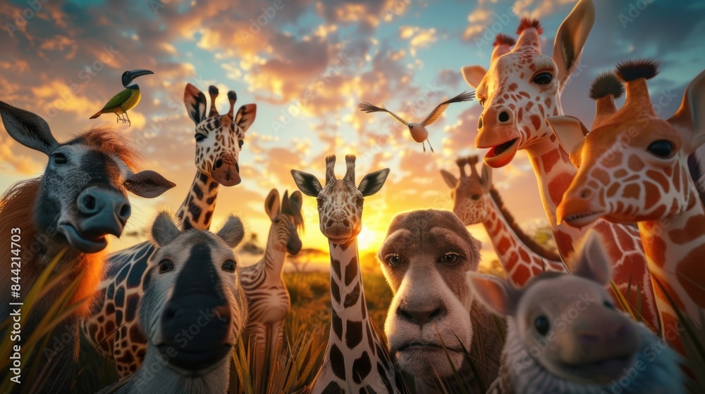 Close-up of a group of cute 3D animals looking directly at the camera ...
