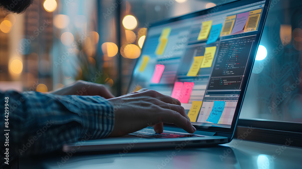 Business developer using Kanban board framework on laptop computer. Agile software development ...