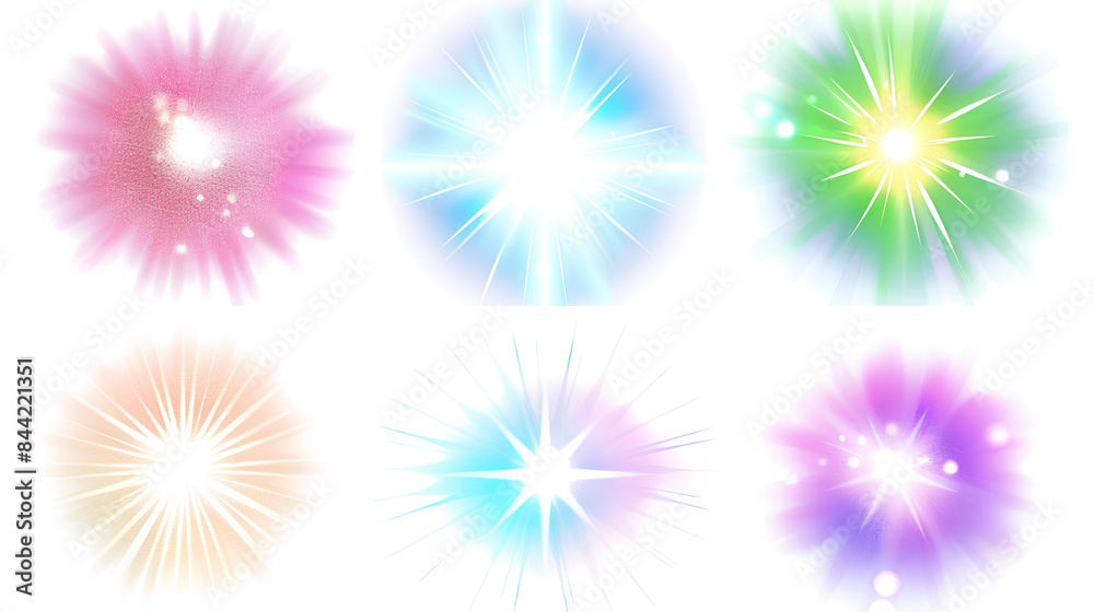 Glowing color light flair set. Isolated white background. Various ...