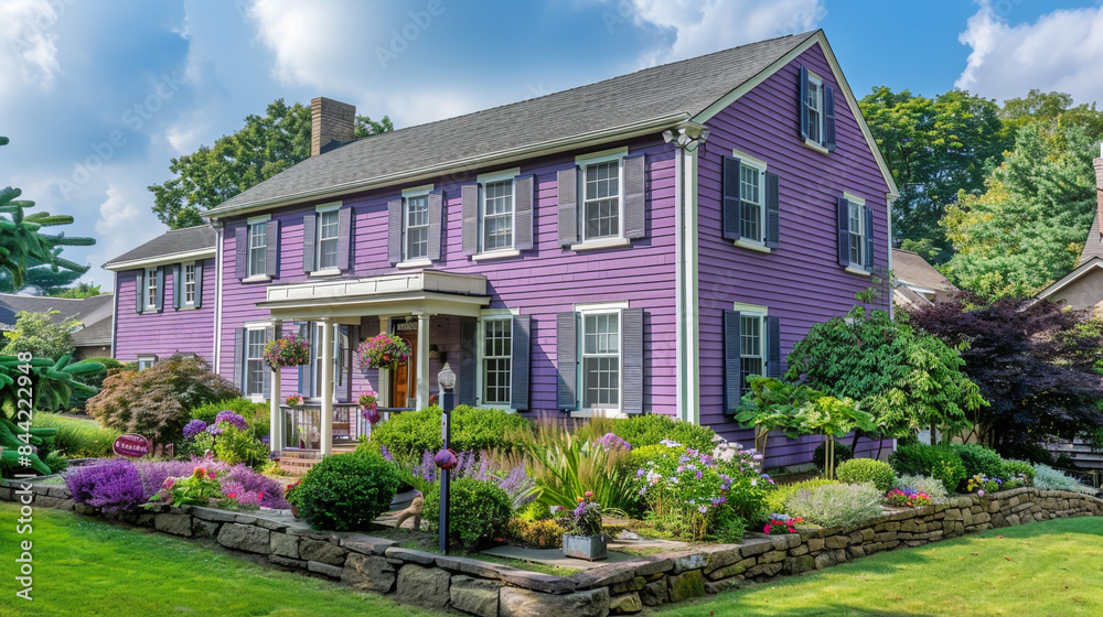 Plum-colored colonial house with traditional shutters and a well ...