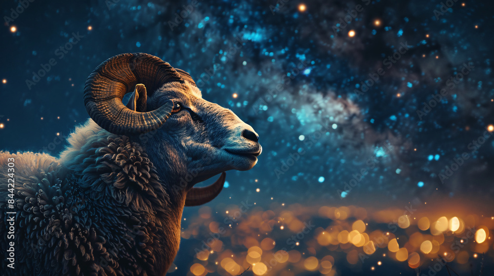 A ram in front of a night city and starry sky, depicting the religious ...