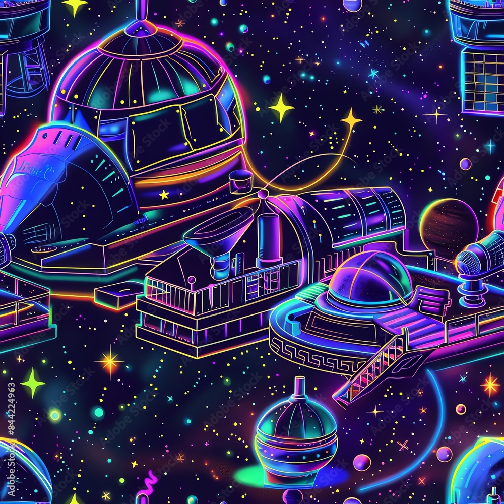 Digital art of a neon astronomy scene featuring a futuristic space ...