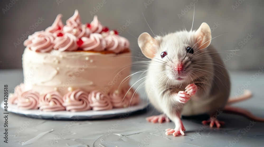 Cute smiling fancy pet rat and festive cake with soft pink cream swirl ...