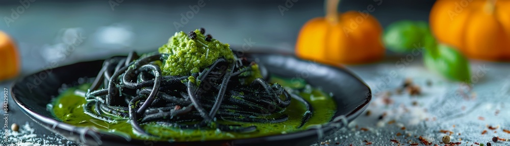 Foto de Haunted house pasta with black noodles and green pesto, scary ...