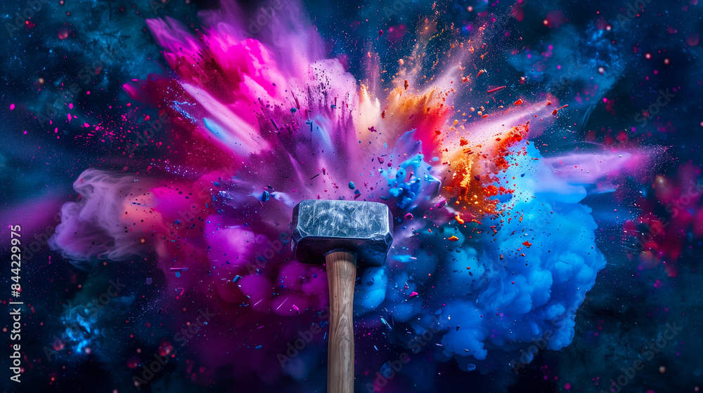 Sledgehammer in a colorful cloud of construction dust. Powerful ...