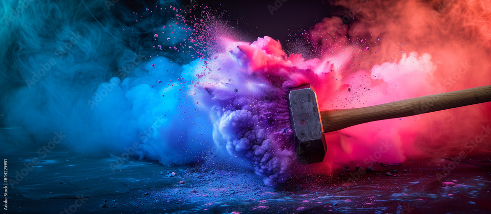 Sledgehammer in a colorful cloud of construction dust. Powerful ...