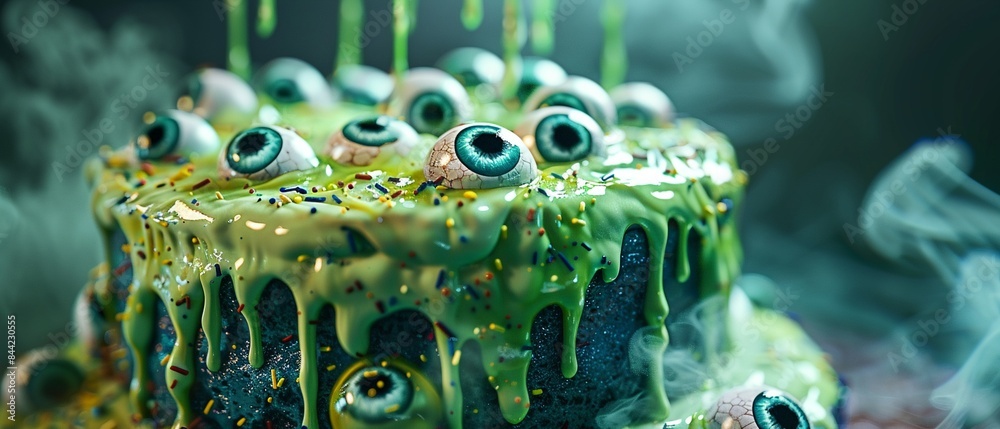 Psychedelic monster cake with eyeballs, dripping green slime, spooky ...