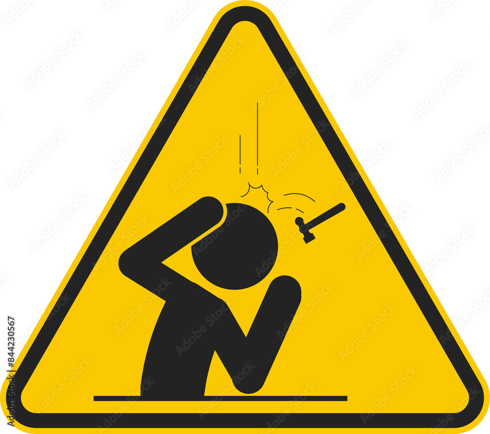 Triangle yellow safety sign hammer falling on head use for safety ...