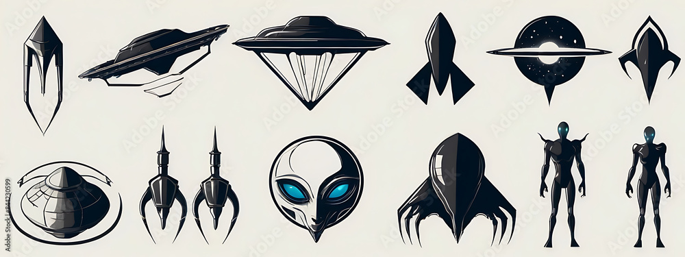 Minimalistic 2d Plain Alien and UFO graphics for a logo or a t-shirt ...