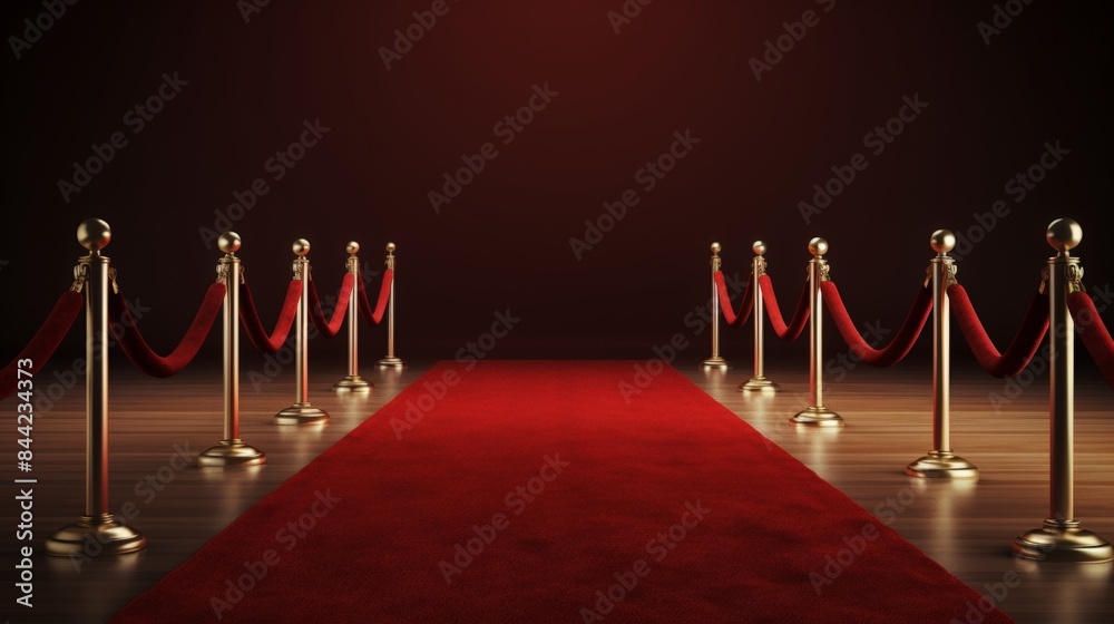 Elegant red carpet event setup with velvet ropes and golden stanchions ...