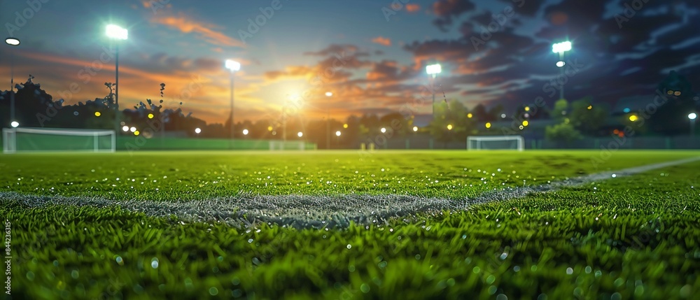 Soccer field under lights, nighttime match setting, corner angle ...