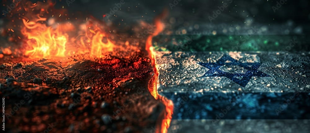Israel and Palestine flags separated by a fiery fissure, illustrating ...