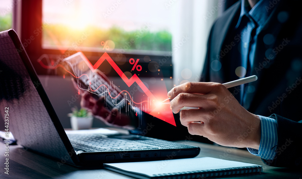 Economic collapse concept, businessman with falling financial graph ...