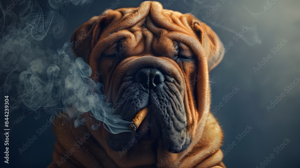 Surreal Shar-Pei Dog Smoking Cigarillo on Plain Background in Studio ...