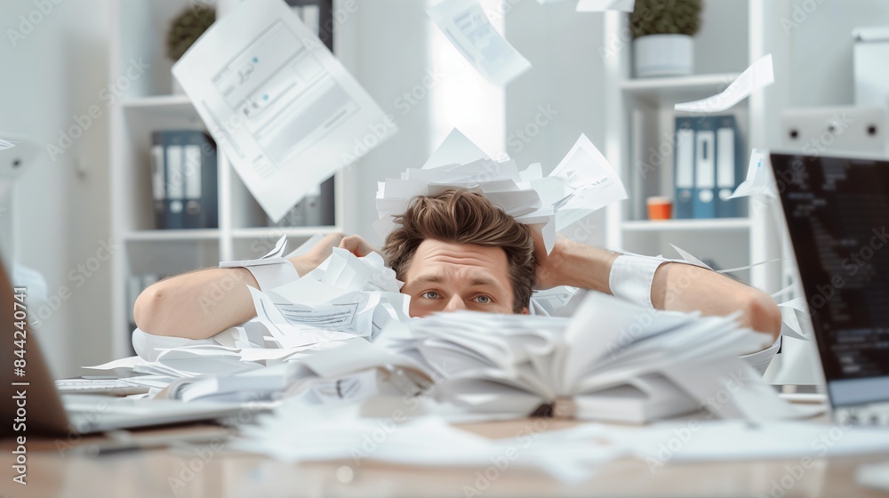 Male employee drowning in paperwork with an expression of desperation ...