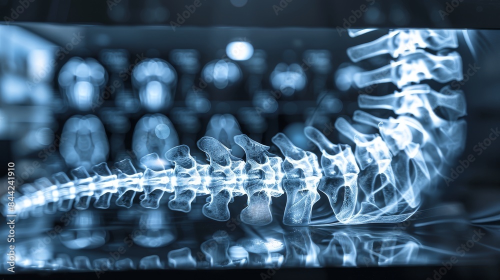 A detailed x-ray of a real person's spine, revealing transparent ...