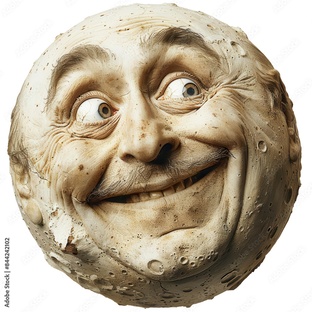 Amusing mans face superimposed on the moon, large smile and twinkling ...