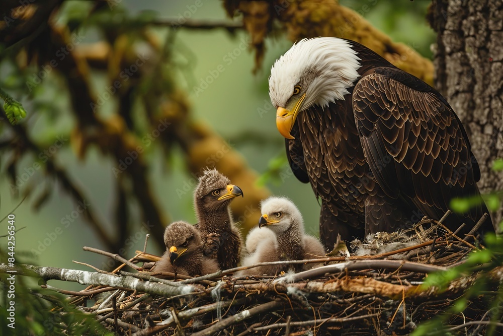 Bald eagle parent feeding eaglets in the nest. Symbolic representation ...