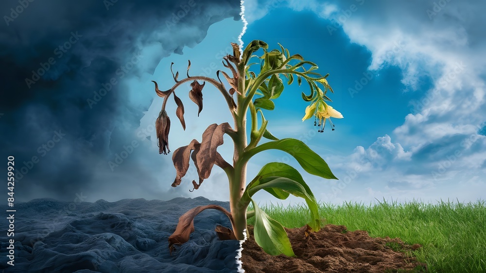 A before-and-after image a wilting plant under a damaged ozone layer ...