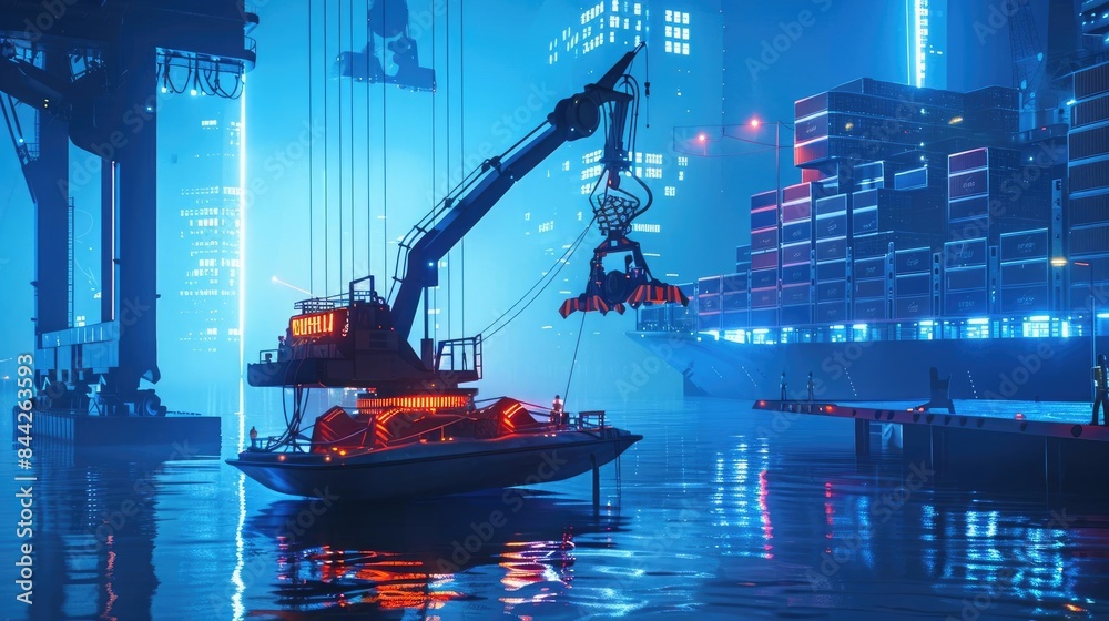 Futuristic shipping port with a crane driver using a floating crane to ...