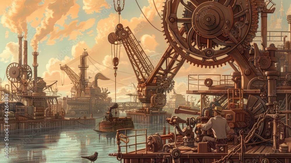 Steampunk port with a crane driver operating a steam-powered crane ...