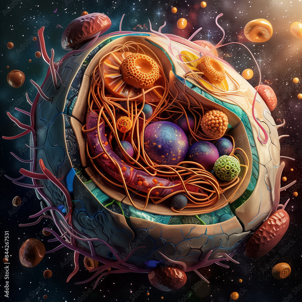 high-resolution, scientific illustration of a human cell, highlighting ...