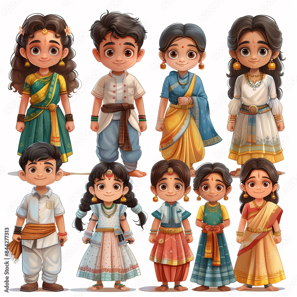 Cartoon characters Indian school childerns isolated on white background ...
