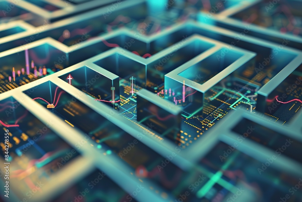 An abstract image of a maze with charts and graphs inside each section ...