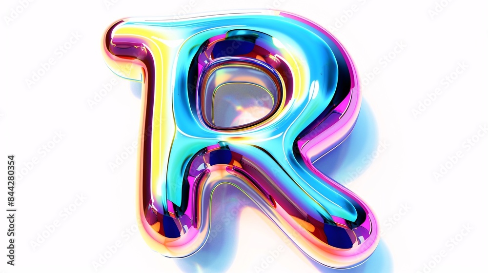 A 3D R letter with a Y2K font, in a balloon-like shape, made of liquid ...