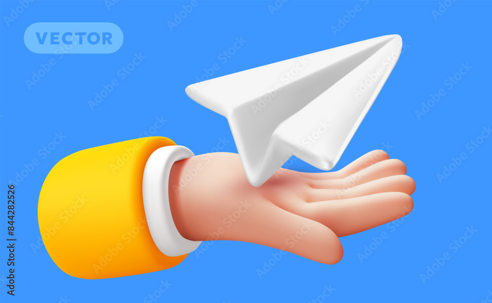 Vector illustration of gesture hand in sleeve hold paper air plane on ...