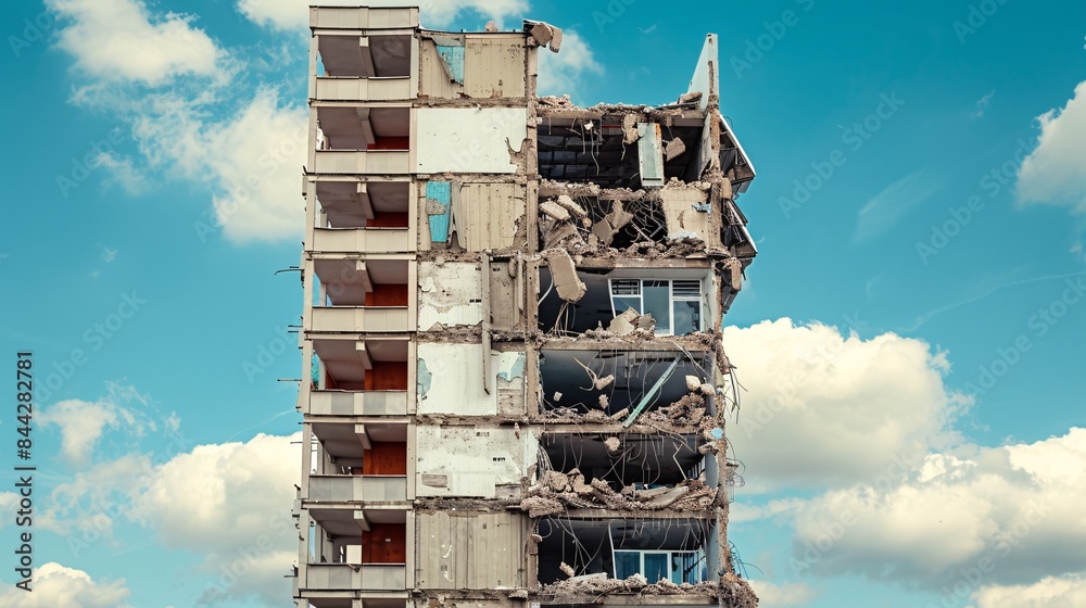Demolition of a high-rise structure with fallen levels against a sky ...
