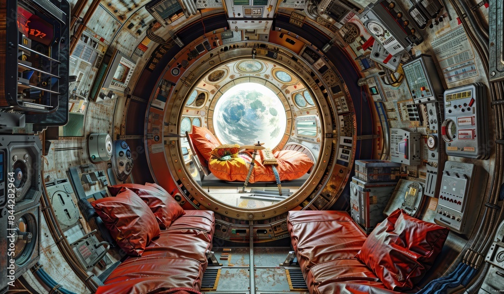 Interior view of a futuristic spacecraft cabin with control panels ...