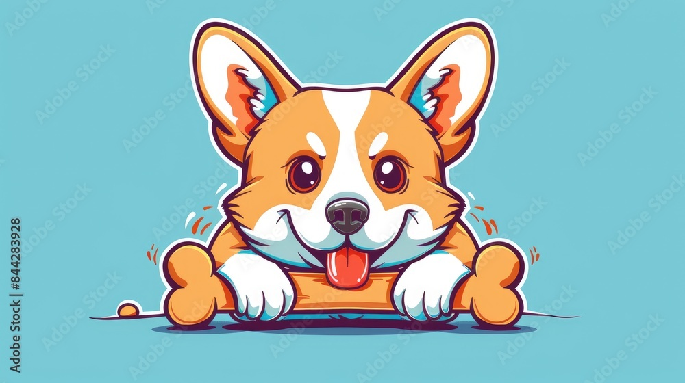 Illustration of an adorable Corgi pup munching on a bone in a charming ...