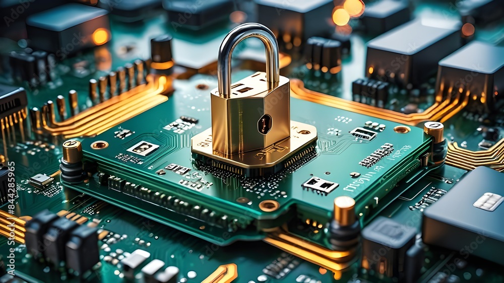 secure connection or cybersecurity service concept of compute motherboard closeup and safety ...