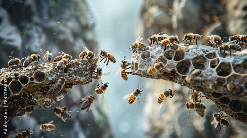 Teamwork of bees bridge a gap of two bee swarm parts. Bees make ...